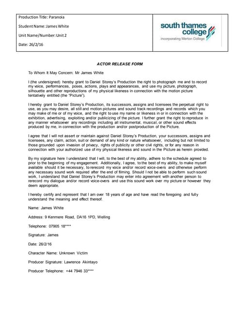 Actor release form | DOC | Video Production | Content Production