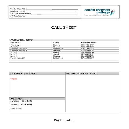 Cast and crew call call sheet template micheal | PDF