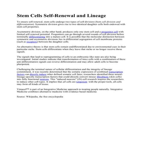 Stem cells self renewal and lineage | PDF