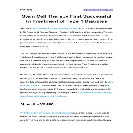 Stem cell therapy first successful in treatment of type 1 diabetes | PDF