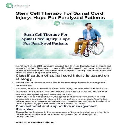 Stem Cell Therapy For Spinal Cord Injury: Hope For Paralyzed Patients | PDF