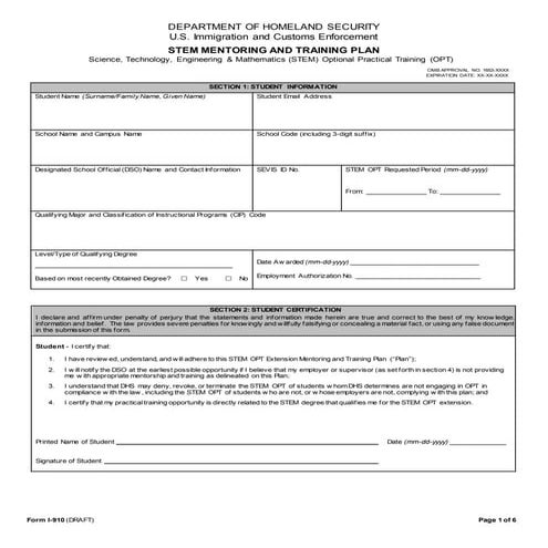 STEM OPT Extension - Mentor and Training Plan Form and Template | DOCX