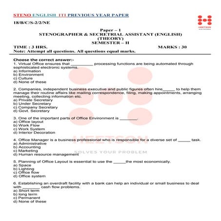 ITI Steno English Question Papers Previous Years | PDF