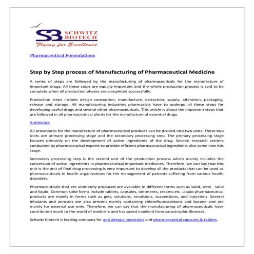 Step by Step process of Manufacturing of Pharmaceutical Medicine | DOC
