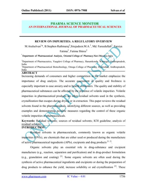 Residual solvents | PPTX | Pharmaceutical Industry | Industries