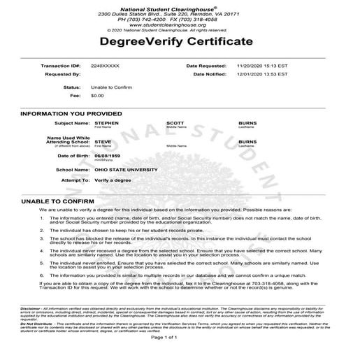 Stephen S Burns No verification of degree | PDF