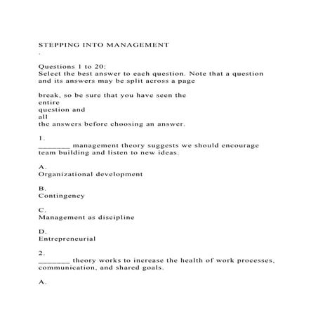 STEPPING INTO MANAGEMENT.Questions 1 to 20 Select the bes.docx