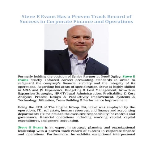 Steve E Evans Has a Proven Track Record of Success in Corporate Finance ...