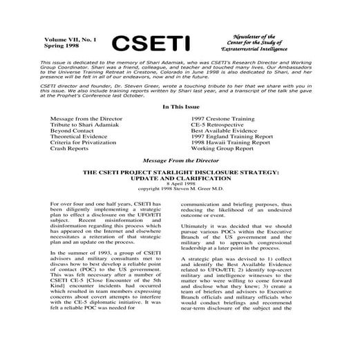 Steven Greer - CE5-CSETI - 20. CSETI June 1998 Newsletter, 24P | PDF