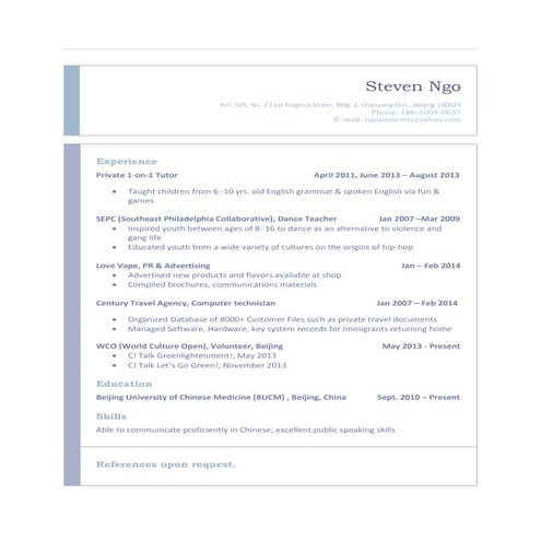 Steven Ngo Resume Beijing China | DOCX