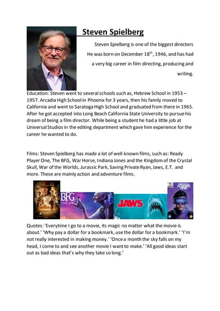 steven spilberg | PPTX | Movies | Entertainment