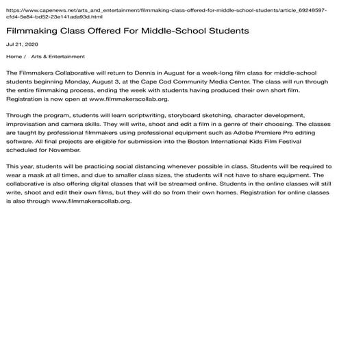 Filmmaking Class Offered For Middle-School Students | PDF