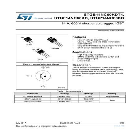 Original IGBT STGF14NC60KD STGF14NC60 14NC60 14A 600V TO-220 New STmicroelectronics | PDF