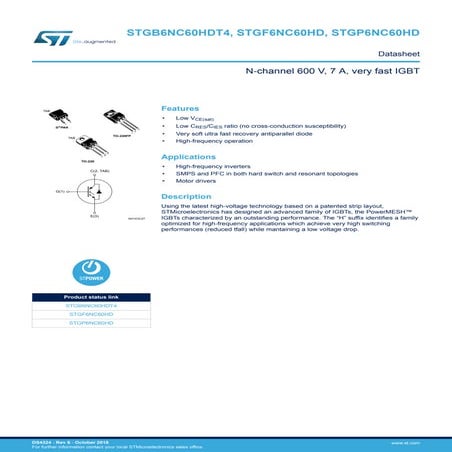 Original IGBT STGP6NC60HD 6N60 600V 15A TO-220 New STMicroelectronics | PDF