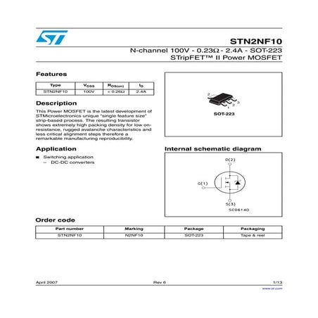 Original N-Channel Mosfet STN2NF10 2NF10 N2NF10 2.4A 100V SOT-223 New ...