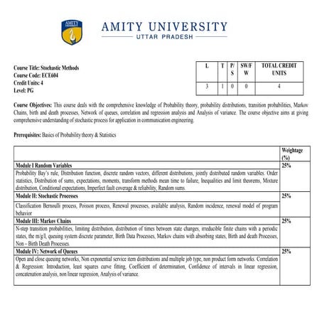Stochastic Methods Course Syllabus Pdf