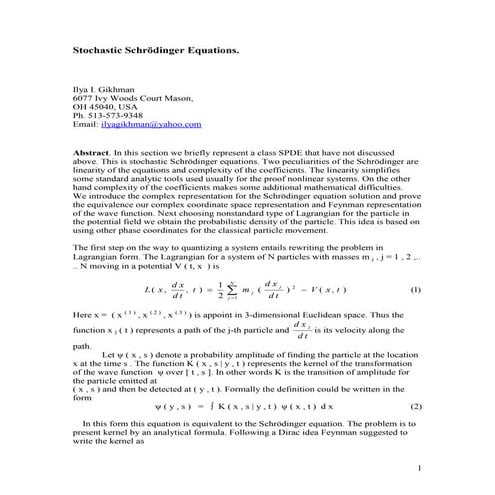 Stochastic Schrödinger Equations Pdf