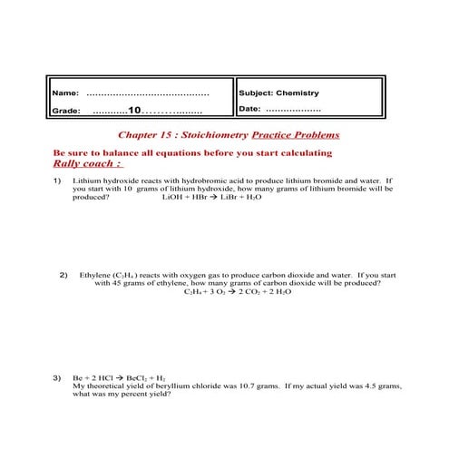 Stoichiometry Practice Problems | DOC