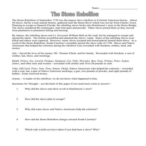 Stono rebellion worksheet | DOC