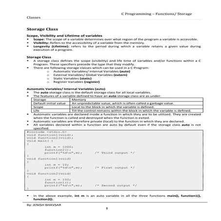 Storage Classes Arrays And Functions In C Language Pdf