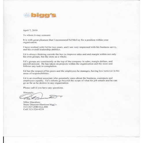 Grocery Director Letter Of Recommendation | PDF