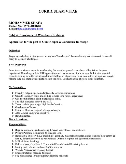CV For Store Keeper | DOC
