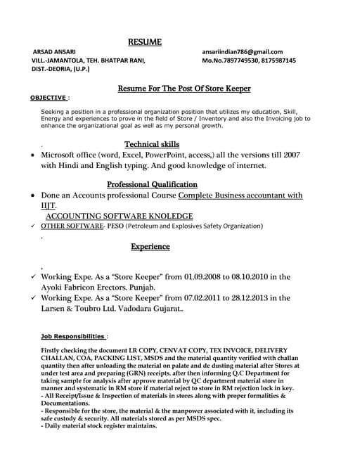 Resume for Store incharge | DOC