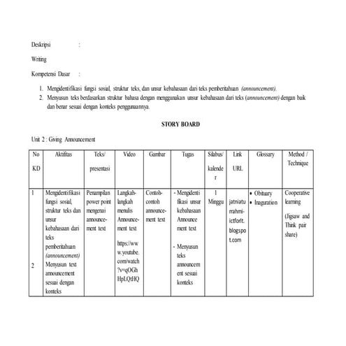 Story board - unit 2 (giving announcement) | DOCX