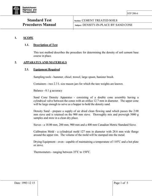 Ex 6 b field density by sand replacement method | DOC | Geology | Science