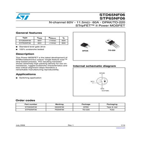 Original N-Channel Mosfet STP65NF06 P65NF06 65A 60V TO-220 New ST | PDF