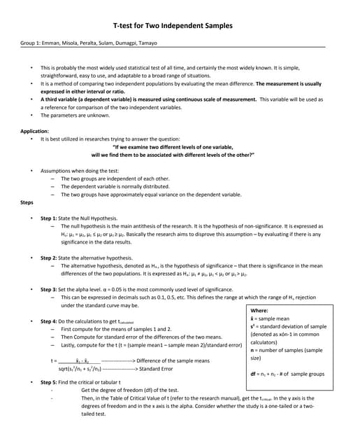 T Test For Two Independent Samples | PPT