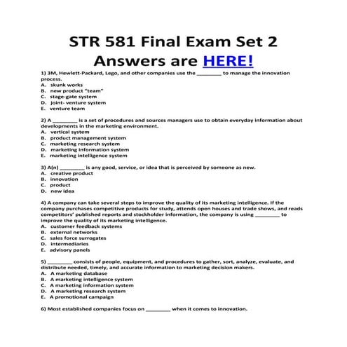 Str 581 final exam set 2 | DOC | Marketing and Advertising | Business