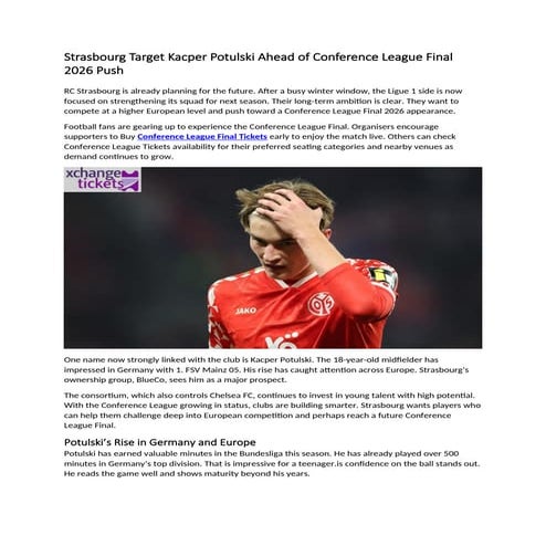 Strasbourg Target Kacper Potulski Ahead of Conference League Final 2026 ...