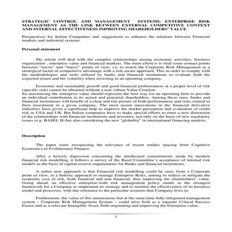 Strategic control and management systems. enterprise risk management as the link between ...