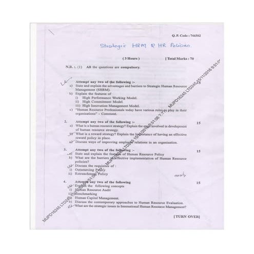 BMS 5th SEM Question Paper:-Strategic HRM & HR Policies | PDF