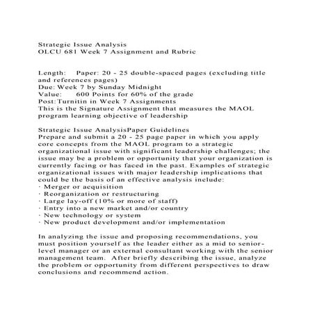 Strategic Issue AnalysisOLCU 681 Week 7 Assignment and Rubric.docx