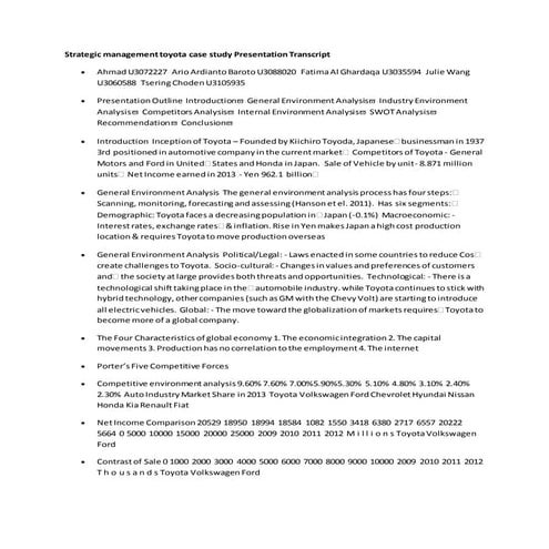 Strategic management toyota case study presentation transcript | DOCX