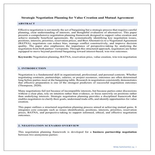 Strategic Negotiation Planning for Value Creation and Mutual Agreement ...