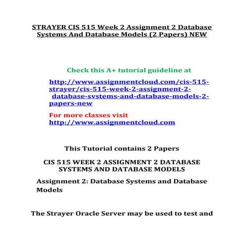 Strayer Cis 515 Week 2 Assignment 2 Database Systems And Database Models Ppt Databases