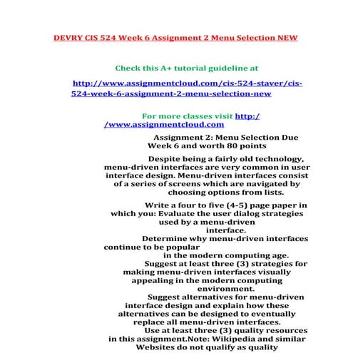 Strayer Cis 524 Week 6 Assignment 2 Menu Selection New Pdf