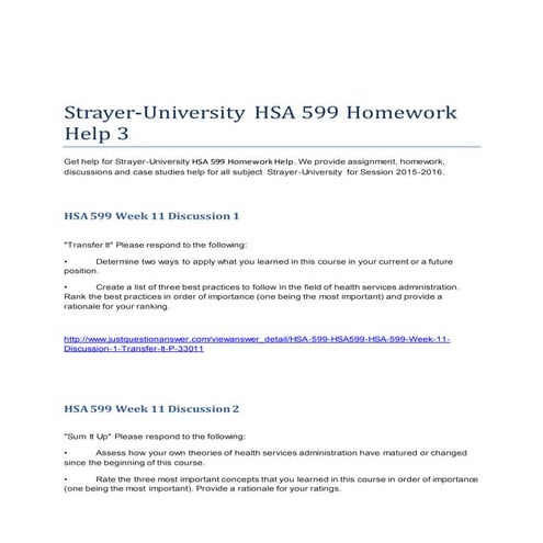 Strayer university hsa 599 homework help 3 | DOCX