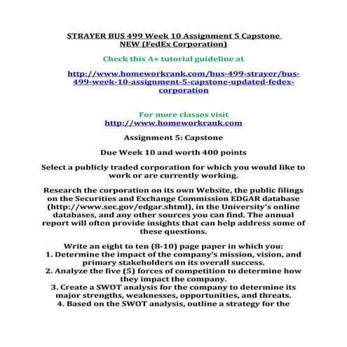 Strayer bus 499 week 10 assignment 5 capstone new0 | DOC