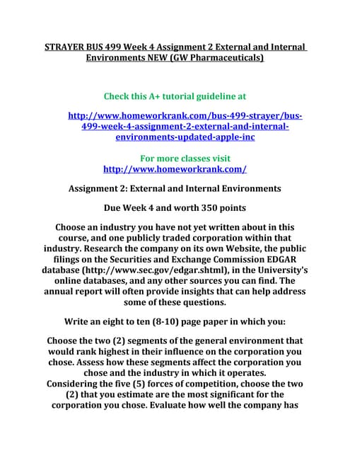 Strayer Bus 499 Week 4 Assignment 2 External And Internal Environments New Pdf