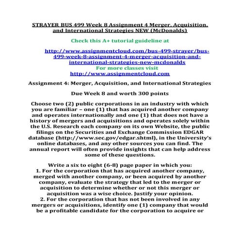 Strayer bus 499 week 8 assignment 4 merger | PDF