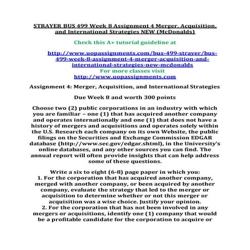 Strayer bus 499 week 8 assignment 4 merger | DOCX