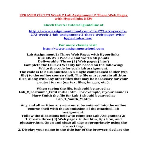 Strayer Cis 273 Week 2 Lab Assignment 2 Three Web Pages With Hyperlinks New Pdf