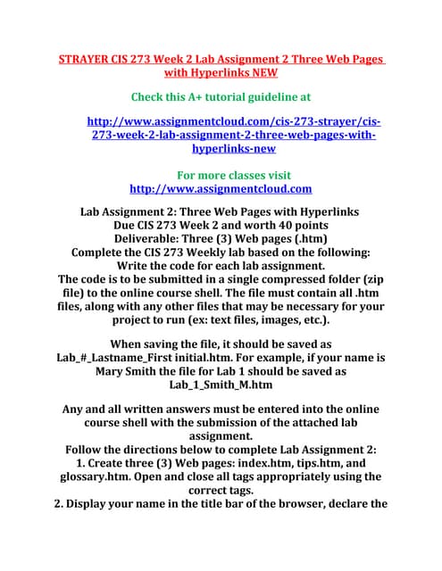 Strayer Cis 273 Week 2 Lab Assignment 2 Three Web Pages With Hyperlinks New Pdf