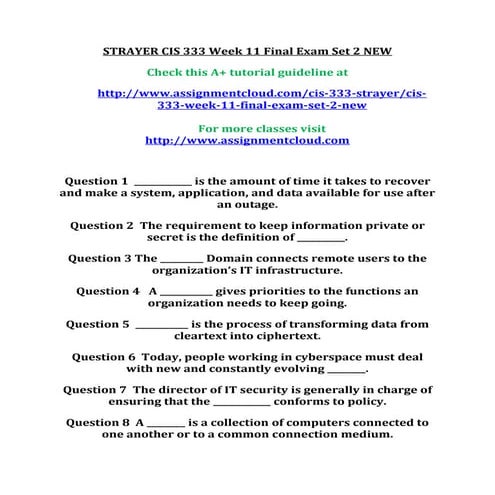 Strayer cis 333 week 11 final exam set 2 new | DOC