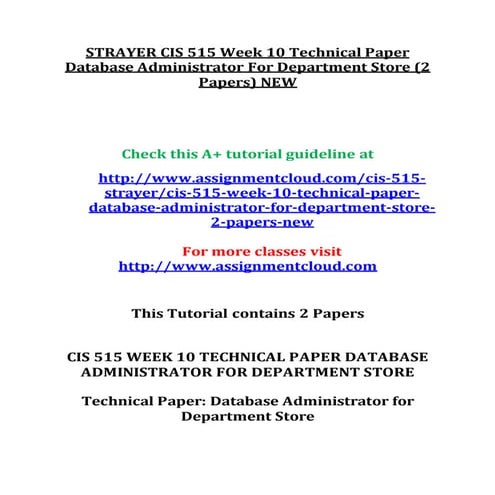 Strayer cis 515 week 10 technical paper database administrator for department store | DOC ...