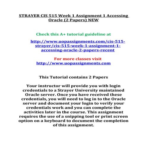 Strayer cis 515 week 1 assignment 1 accessing oracle | PDF